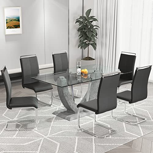 JUFU 67" Glass Dining Room Table Set for 6,Big Modern Rectangular Tempered Glass Dining Table Top Thick 0.39",7 Piece Dining Table with 6 Pcs Leather Dining Chairs