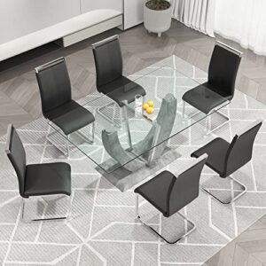 JUFU 67" Glass Dining Room Table Set for 6,Big Modern Rectangular Tempered Glass Dining Table Top Thick 0.39",7 Piece Dining Table with 6 Pcs Leather Dining Chairs