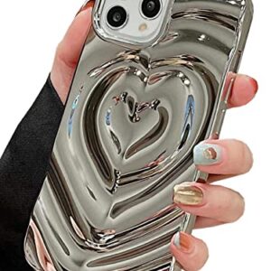 iPhone 14 Pro Max Love Heart Case, Fashion Cute Soft Silicone Electroplate Silver 3D Heart Water Ripple Bling Glitter Shockproof Women Girls Case Cover for iPhone 14 Pro Max