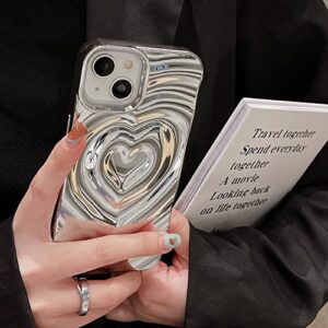 iPhone 14 Pro Max Love Heart Case, Fashion Cute Soft Silicone Electroplate Silver 3D Heart Water Ripple Bling Glitter Shockproof Women Girls Case Cover for iPhone 14 Pro Max