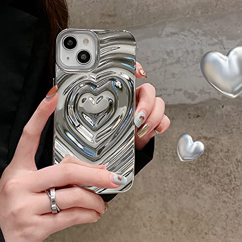 iPhone 14 Pro Max Love Heart Case, Fashion Cute Soft Silicone Electroplate Silver 3D Heart Water Ripple Bling Glitter Shockproof Women Girls Case Cover for iPhone 14 Pro Max