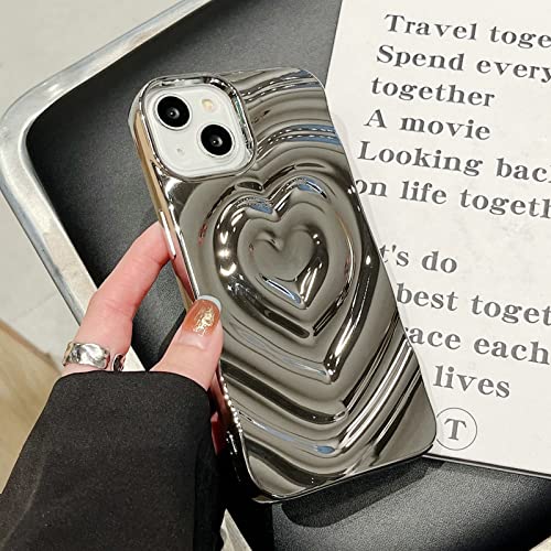 iPhone 14 Pro Max Love Heart Case, Fashion Cute Soft Silicone Electroplate Silver 3D Heart Water Ripple Bling Glitter Shockproof Women Girls Case Cover for iPhone 14 Pro Max