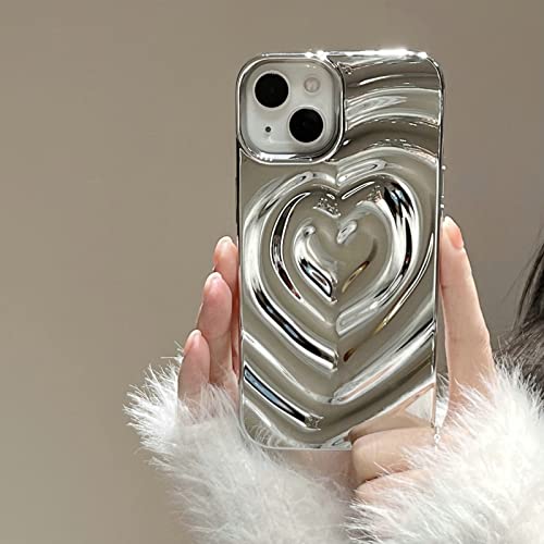 iPhone 14 Pro Max Love Heart Case, Fashion Cute Soft Silicone Electroplate Silver 3D Heart Water Ripple Bling Glitter Shockproof Women Girls Case Cover for iPhone 14 Pro Max