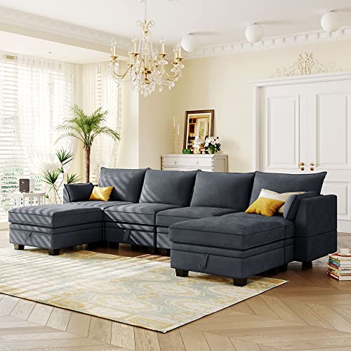 P PURLOVE Modern Large U-Shape Modular Sectional Sofa, Sectional Sofa Couch with Storage Seat,Convertible Sofa Bed with Reversible Chaise for Living Room,Bedroom.Dark Gray