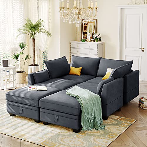 P PURLOVE Modern Large U-Shape Modular Sectional Sofa, Sectional Sofa Couch with Storage Seat,Convertible Sofa Bed with Reversible Chaise for Living Room,Bedroom.Dark Gray