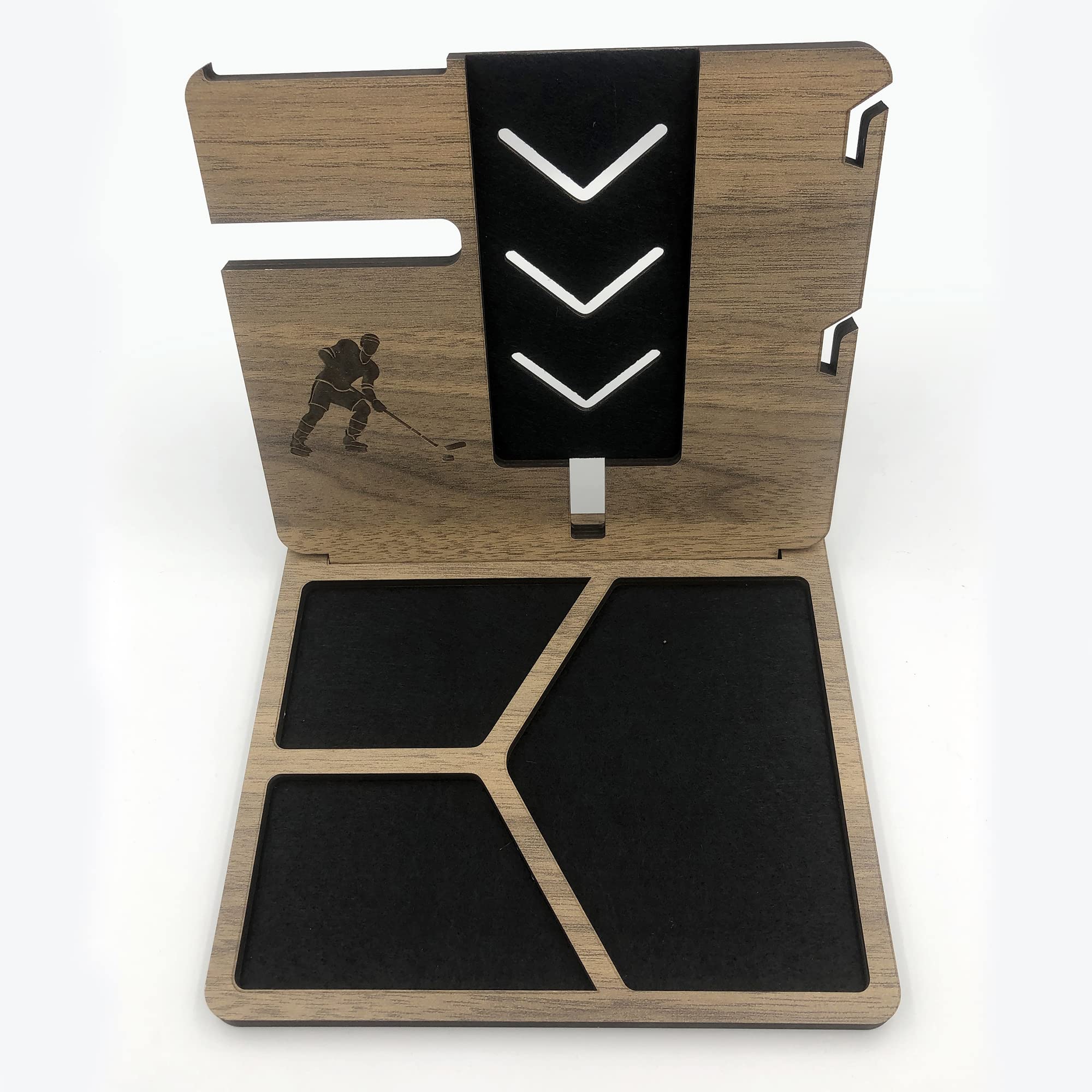 Wooden Phone Docking Station Hockey Figure Printed Wallet Stand,Watch Stand,Key Holder,Gift for Men and Women,Birthday,Graduation,Anniversary