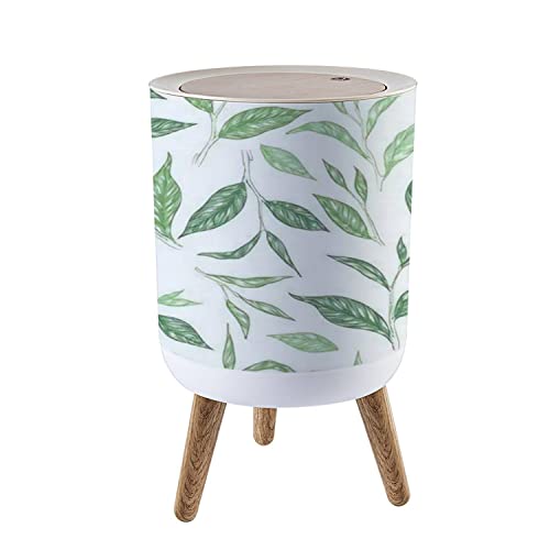 Small Trash Can with Lid for Bathroom Kitchen Office Diaper seamless green hand drawn tea leaves branches isolated white Engraved Bedroom Garbage Trash Bin Dog Proof Waste Basket Cute Decorative