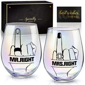 FONDBLOU Engagement Gift for Couple, Wedding Bridal Shower Gift, Funny Couples Gifts for Bride and Groom, Mr and Mrs, Newlywed, Anniversary, Christmas, 18oz Ring Finger Wine Glasses