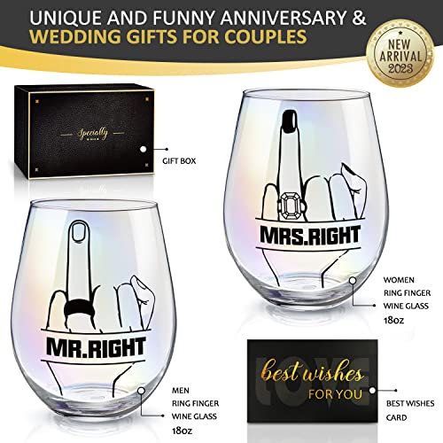 FONDBLOU Engagement Gift for Couple, Wedding Bridal Shower Gift, Funny Couples Gifts for Bride and Groom, Mr and Mrs, Newlywed, Anniversary, Christmas, 18oz Ring Finger Wine Glasses