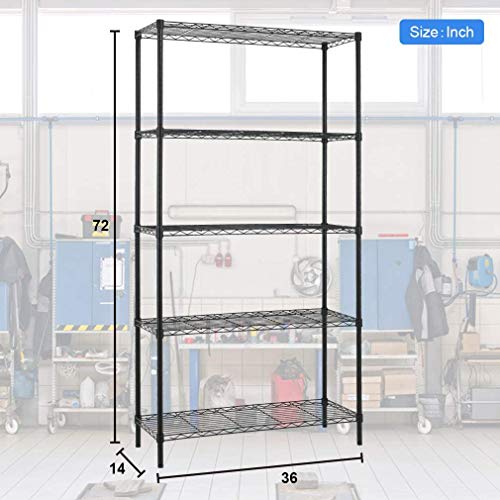 Yewuli Metal Storage Rack 5 Tier Wire Shelving Unit Heavy Duty NSF Adjustable Utility Shelves for Garage Kitchen Office Garage Organize Shelf 36"x14"x72", Black