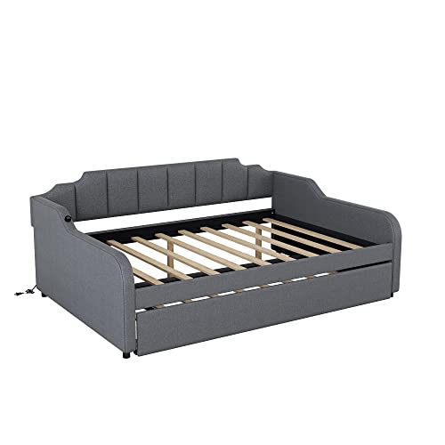 Full Daybed with Pop-up Trundle Upholstery Day Bed Frame with USB Charging Ports Modern Sofa Beds with Adjustable Trundle Beds for Living Room Bedroom Guest Room, Full Size, Gray