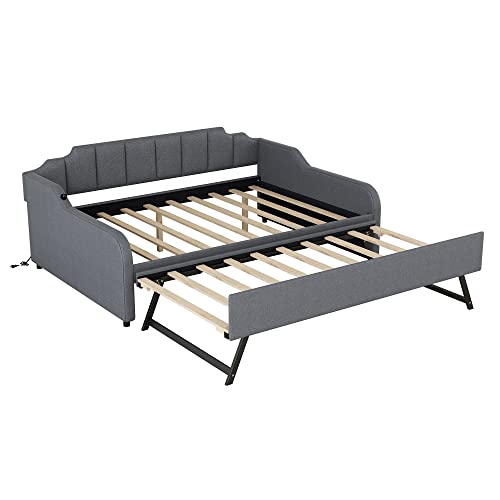 Full Daybed with Pop-up Trundle Upholstery Day Bed Frame with USB Charging Ports Modern Sofa Beds with Adjustable Trundle Beds for Living Room Bedroom Guest Room, Full Size, Gray