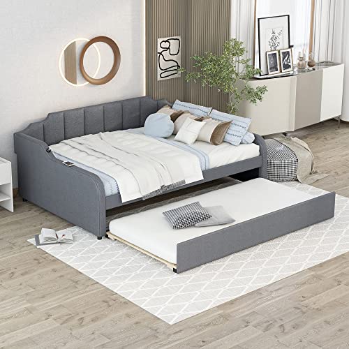 Full Daybed with Pop-up Trundle Upholstery Day Bed Frame with USB Charging Ports Modern Sofa Beds with Adjustable Trundle Beds for Living Room Bedroom Guest Room, Full Size, Gray