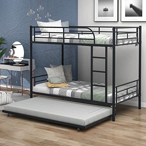 Lostcat Twin Over Twin Bunk Bed with Trundle,Heavy Duty Twin Size Bunk Beds Frame w/Safety Guardrails and ladders,Can be Divided Into Two Beds,for Kids/Teen/Adults,No Box Spring Needed,Black