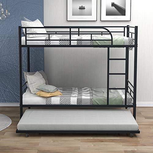 Lostcat Twin Over Twin Bunk Bed with Trundle,Heavy Duty Twin Size Bunk Beds Frame w/Safety Guardrails and ladders,Can be Divided Into Two Beds,for Kids/Teen/Adults,No Box Spring Needed,Black