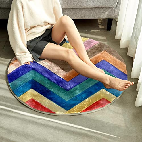 Rainbow Color Zigzag Lines Round Area Rug for Bedroom, Large Fuzzy Plush Rug Machine Washable Shag Rug, 3.2 x 3.2 Feet