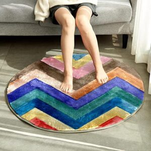 Rainbow Color Zigzag Lines Round Area Rug for Bedroom, Large Fuzzy Plush Rug Machine Washable Shag Rug, 3.2 x 3.2 Feet