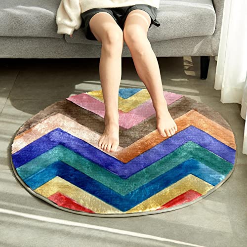 Rainbow Color Zigzag Lines Round Area Rug for Bedroom, Large Fuzzy Plush Rug Machine Washable Shag Rug, 3.2 x 3.2 Feet