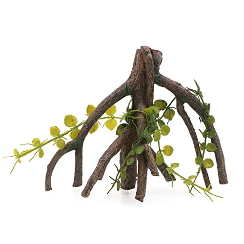 HRRIVE Reptile Corner Climbing Branch with Plant Leaves Terrarium Habitat Decoration for Bearded Dragon Lizard Snake Hermit Crab Crested Gecko Leopard Chameleon Frog Climbing Accessory