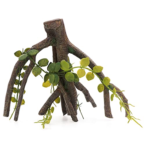 HRRIVE Reptile Corner Climbing Branch with Plant Leaves Terrarium Habitat Decoration for Bearded Dragon Lizard Snake Hermit Crab Crested Gecko Leopard Chameleon Frog Climbing Accessory