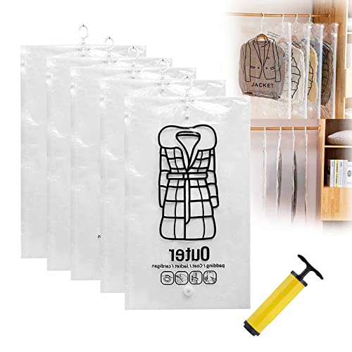 HAGUAN Hanging Compressible Storage Bag, Reusable Hanging Vacuum Storage Bags Space Saver Bags for Clothes, Vacuum Storage Bags for Home Closet Organization (5PCS,M (67 * 90cm))