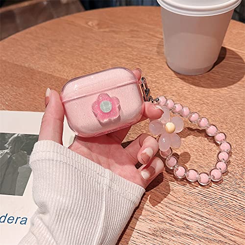 MINSCOSE Cute Airpod pro Case,Cute 3D Flower Clear Cover Case with Pretty Pink Crystal Flower Keychain Soft Silicone Smooth Shockproof Compatible with Airpods Pro Charging Case for Girls Women