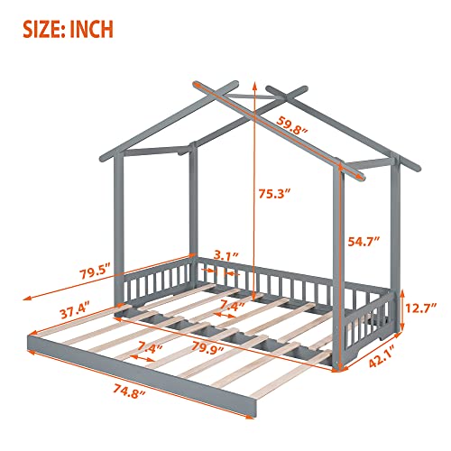 MERITLINE Twin Size House Bed with Extendable Bed, Wooden Kids Bed Frame with Twin to King Design, Platform Bed with Roof & Slat Support, No Box Spring Needed (Grey)