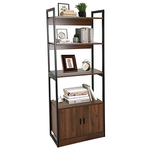 Acehome Industrial Bookshelf, 4 Tier Bookcase with 2 Doors, Storage Shelf & Standing Storage Cabinet,Bookshelf Display Shelf with Storage Cabinet, Bookshelf Rack for Home Office, Bedroom, Brown