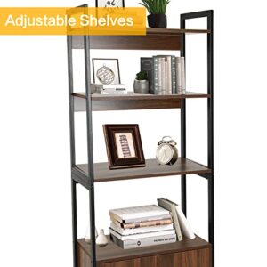 Acehome Industrial Bookshelf, 4 Tier Bookcase with 2 Doors, Storage Shelf & Standing Storage Cabinet,Bookshelf Display Shelf with Storage Cabinet, Bookshelf Rack for Home Office, Bedroom, Brown