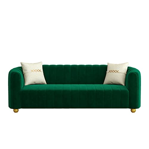 IQIAite 83'' Luxury Velvet Sofa Couch for 3 Person Fashion Couch with 2 Pillows, Metal Legs Solid Wood Frame Chesterfield Sofa Couch for Living Room/Hotel (Green)