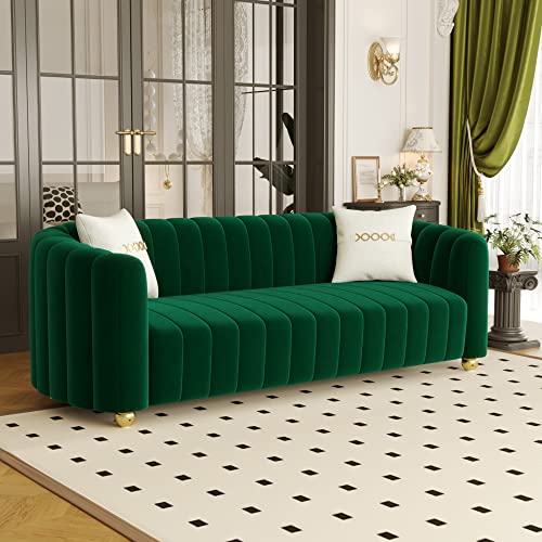 IQIAite 83'' Luxury Velvet Sofa Couch for 3 Person Fashion Couch with 2 Pillows, Metal Legs Solid Wood Frame Chesterfield Sofa Couch for Living Room/Hotel (Green)