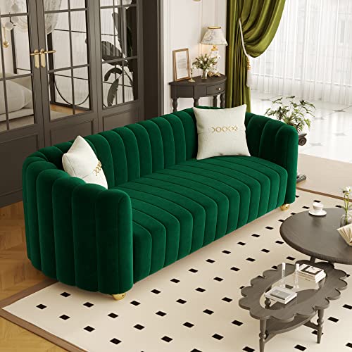 IQIAite 83'' Luxury Velvet Sofa Couch for 3 Person Fashion Couch with 2 Pillows, Metal Legs Solid Wood Frame Chesterfield Sofa Couch for Living Room/Hotel (Green)