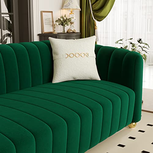 IQIAite 83'' Luxury Velvet Sofa Couch for 3 Person Fashion Couch with 2 Pillows, Metal Legs Solid Wood Frame Chesterfield Sofa Couch for Living Room/Hotel (Green)