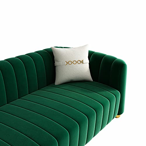 IQIAite 83'' Luxury Velvet Sofa Couch for 3 Person Fashion Couch with 2 Pillows, Metal Legs Solid Wood Frame Chesterfield Sofa Couch for Living Room/Hotel (Green)