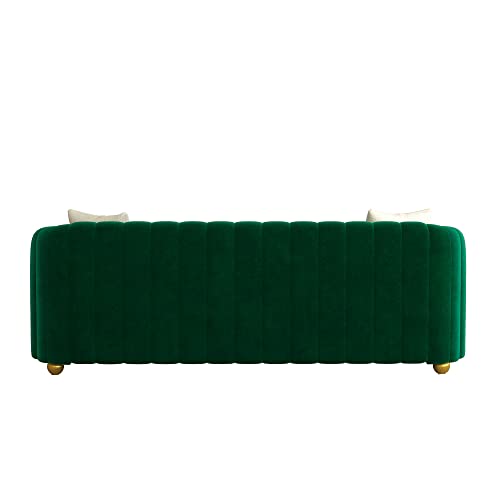 IQIAite 83'' Luxury Velvet Sofa Couch for 3 Person Fashion Couch with 2 Pillows, Metal Legs Solid Wood Frame Chesterfield Sofa Couch for Living Room/Hotel (Green)