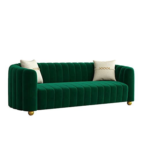 IQIAite 83'' Luxury Velvet Sofa Couch for 3 Person Fashion Couch with 2 Pillows, Metal Legs Solid Wood Frame Chesterfield Sofa Couch for Living Room/Hotel (Green)