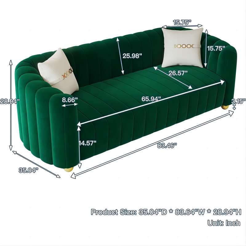 IQIAite 83'' Luxury Velvet Sofa Couch for 3 Person Fashion Couch with 2 Pillows, Metal Legs Solid Wood Frame Chesterfield Sofa Couch for Living Room/Hotel (Green)