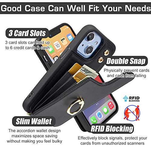 TOZEEZOT iPhone 14 Wallet Case with Straps for Women, Cell Phone Case Wallet with Card Holder Ring Holder Kickstand RFID Blocking, Phone Purse Cross Body Bag for iPhone 14, Black