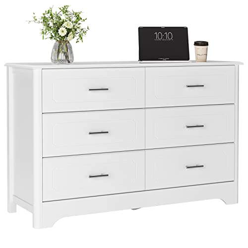 HOSATCK 6 Drawer Dresser, Modern White Wide Chest of Drawers with Metal Handels, Wood Double Dresser, Storage Chest Organizers for Living Room, Hallway, Entryway, White