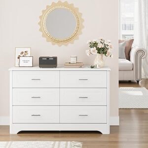 HOSATCK 6 Drawer Dresser, Modern White Wide Chest of Drawers with Metal Handels, Wood Double Dresser, Storage Chest Organizers for Living Room, Hallway, Entryway, White