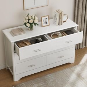 HOSATCK 6 Drawer Dresser, Modern White Wide Chest of Drawers with Metal Handels, Wood Double Dresser, Storage Chest Organizers for Living Room, Hallway, Entryway, White