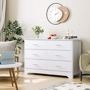 HOSATCK 6 Drawer Dresser, Modern White Wide Chest of Drawers with Metal Handels, Wood Double Dresser, Storage Chest Organizers for Living Room, Hallway, Entryway, White