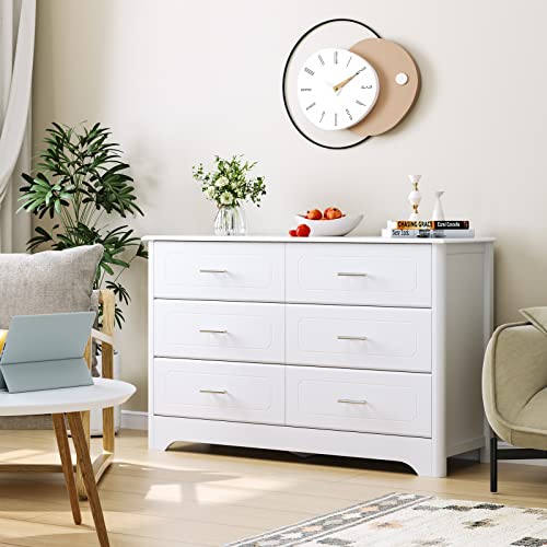 HOSATCK 6 Drawer Dresser, Modern White Wide Chest of Drawers with Metal Handels, Wood Double Dresser, Storage Chest Organizers for Living Room, Hallway, Entryway, White