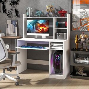 Giantex White Computer Desk with Hutch and Bookshelf, 43.5" Computer PC Table with Keyboard Tray & CPU Stand, Modern Writing Desk Workstation for Home Office