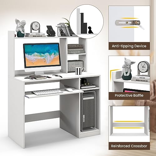 Giantex White Computer Desk with Hutch and Bookshelf, 43.5" Computer PC Table with Keyboard Tray & CPU Stand, Modern Writing Desk Workstation for Home Office