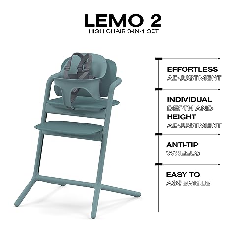 CYBEX LEMO 2 High Chair System, Grows with Child up to 209 lbs, One-Hand Height and Depth Adjustment, Anti-Tip Wheels Safety Feature - Stone Blue