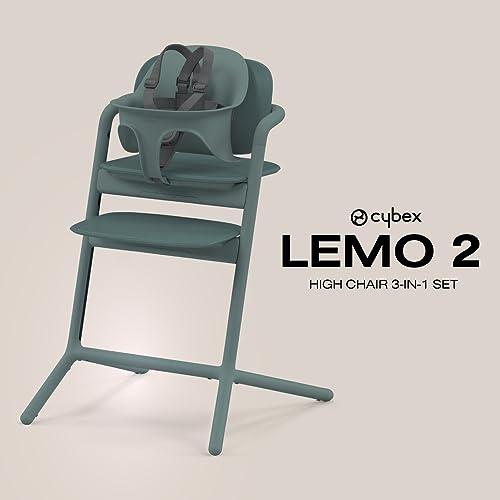 CYBEX LEMO 2 High Chair System, Grows with Child up to 209 lbs, One-Hand Height and Depth Adjustment, Anti-Tip Wheels Safety Feature - Stone Blue