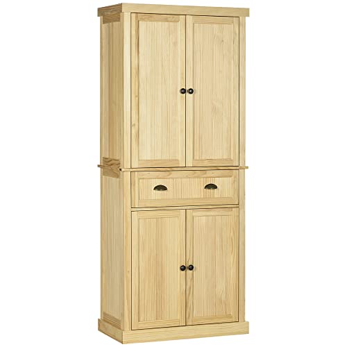 HOMCOM 72" Pinewood Large Kitchen Pantry Storage Cabinet, Freestanding Cabinet with Doors and Shelf Adjustability, Soft-Close Mechanism, Living Room & Dining Room Furniture, Natural