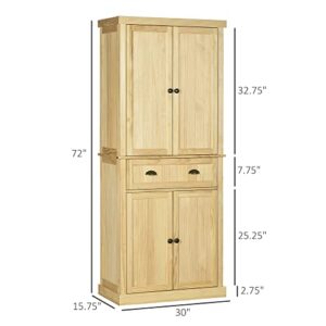 HOMCOM 72" Pinewood Large Kitchen Pantry Storage Cabinet, Freestanding Cabinet with Doors and Shelf Adjustability, Soft-Close Mechanism, Living Room & Dining Room Furniture, Natural