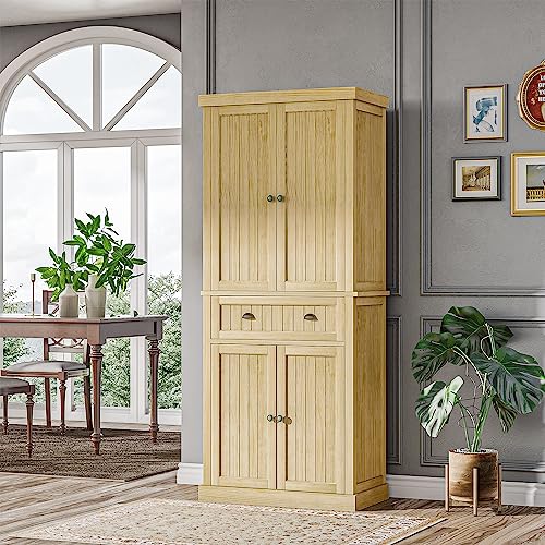 HOMCOM 72" Pinewood Large Kitchen Pantry Storage Cabinet, Freestanding Cabinet with Doors and Shelf Adjustability, Soft-Close Mechanism, Living Room & Dining Room Furniture, Natural